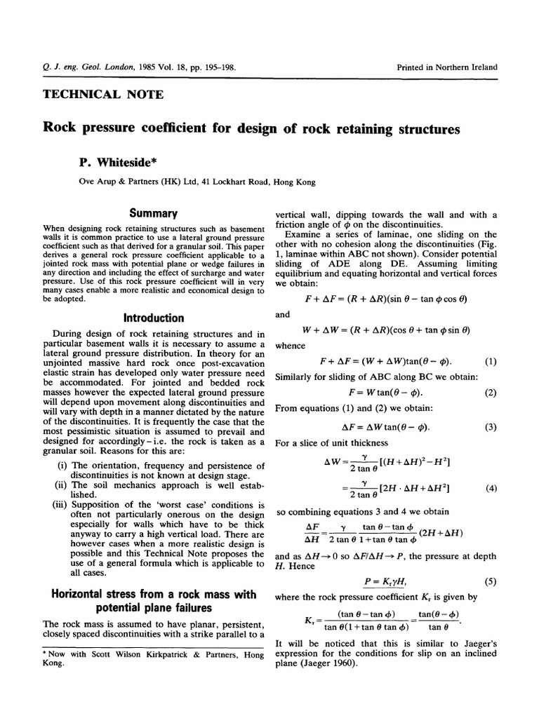 Rock Pressure Coefficient For Design of Rock Retaining Structures | PDF