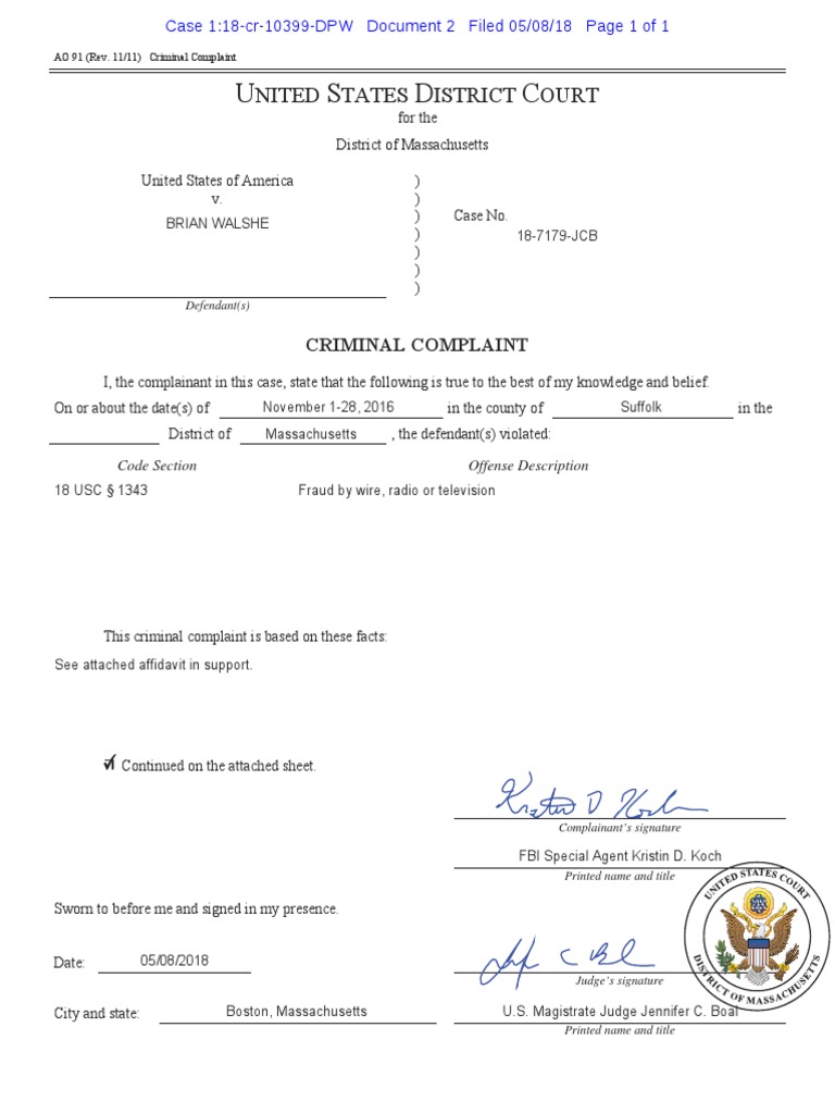 Brian Walshe Criminal Complaint 2018 | PDF | Crime & Violence | Justice
