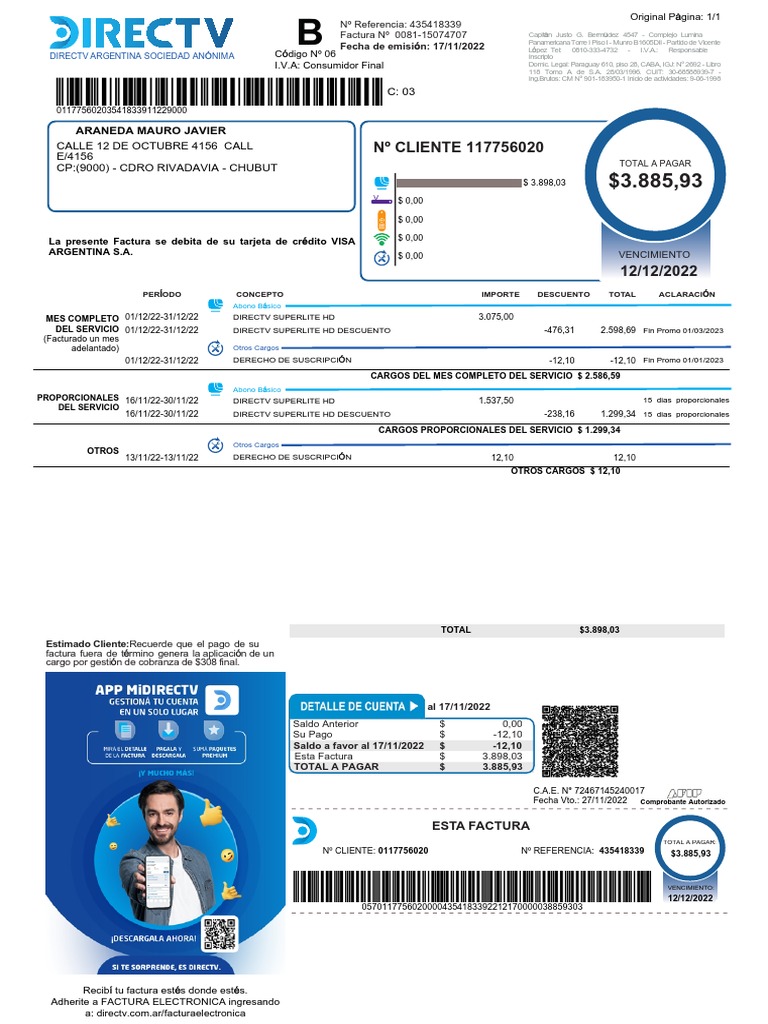 Nº CLIENTE 117756020: Calle 12 de Octubre 4156 Call E/4156 CP: (9000) - Cdro Rivadavia - Chubut ...