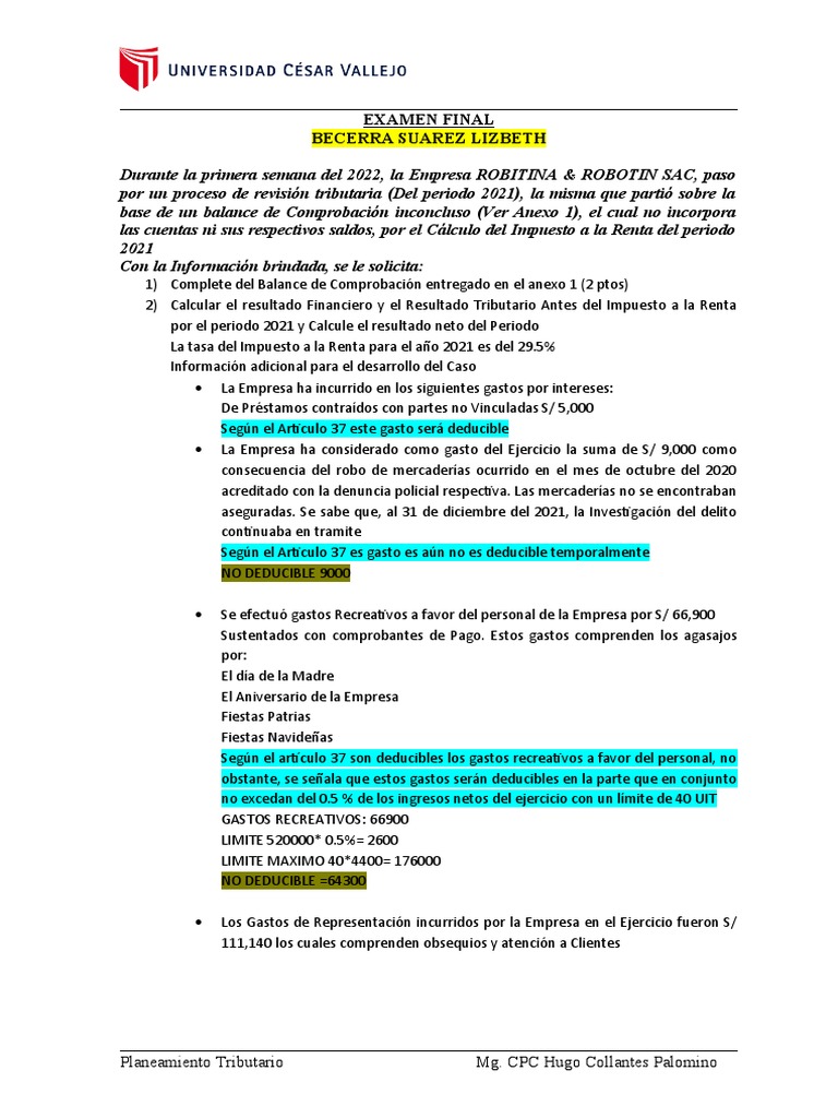 EXamen Final de Impuesto A La Renta | PDF | Impuesto sobre la renta | Economias
