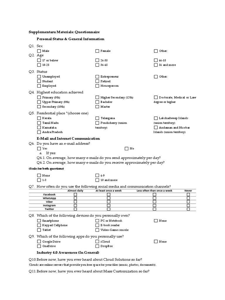 Awareness of Industry4 Questionnaire | PDF | Internet Of Things | Communication