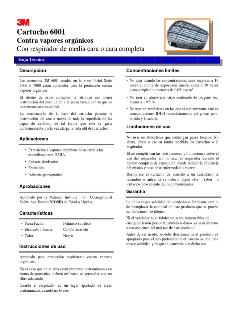 Ficha Tecnica Filtro Vapores Organicos 6001 | PDF | Contaminación | Química