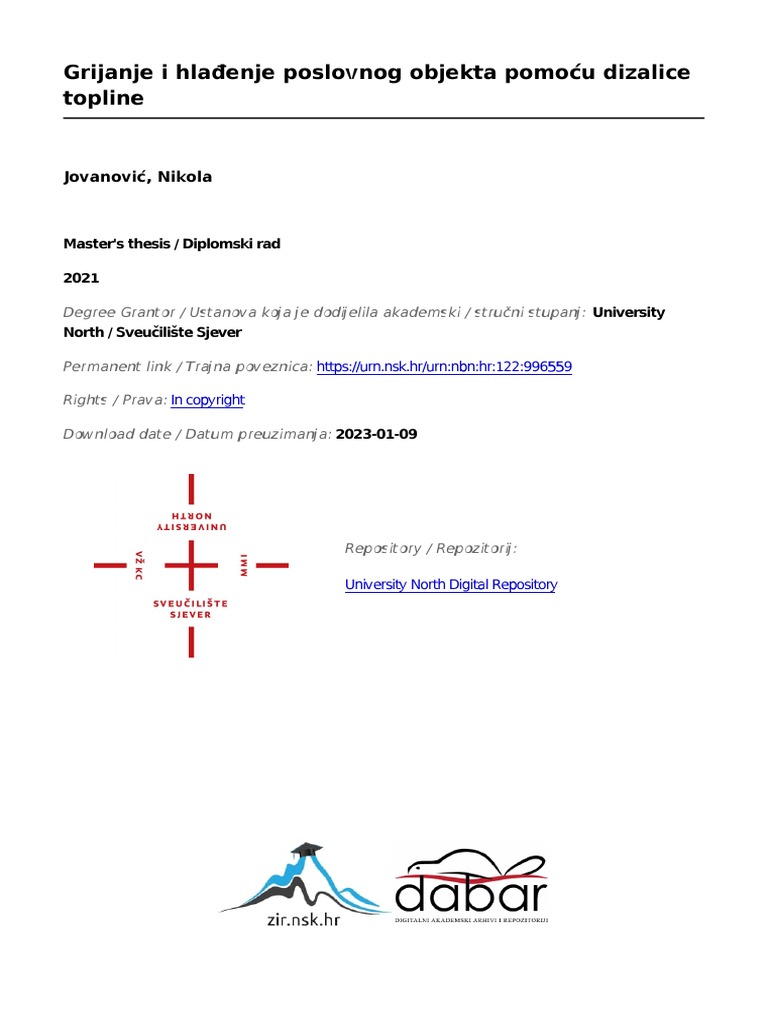 Grijanje I Hladenje Poslovnog Objekta Pomocu Dizalice Jovanovic | PDF