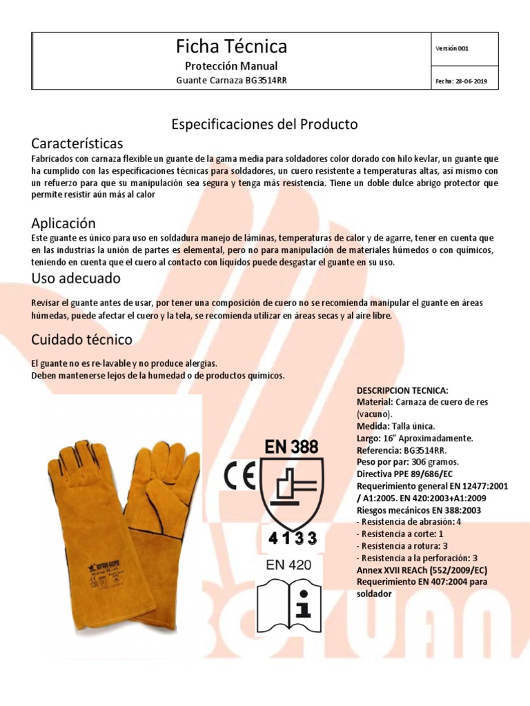 Ficha Tecnica Guante Soldador | PDF | Guante | Soldadura