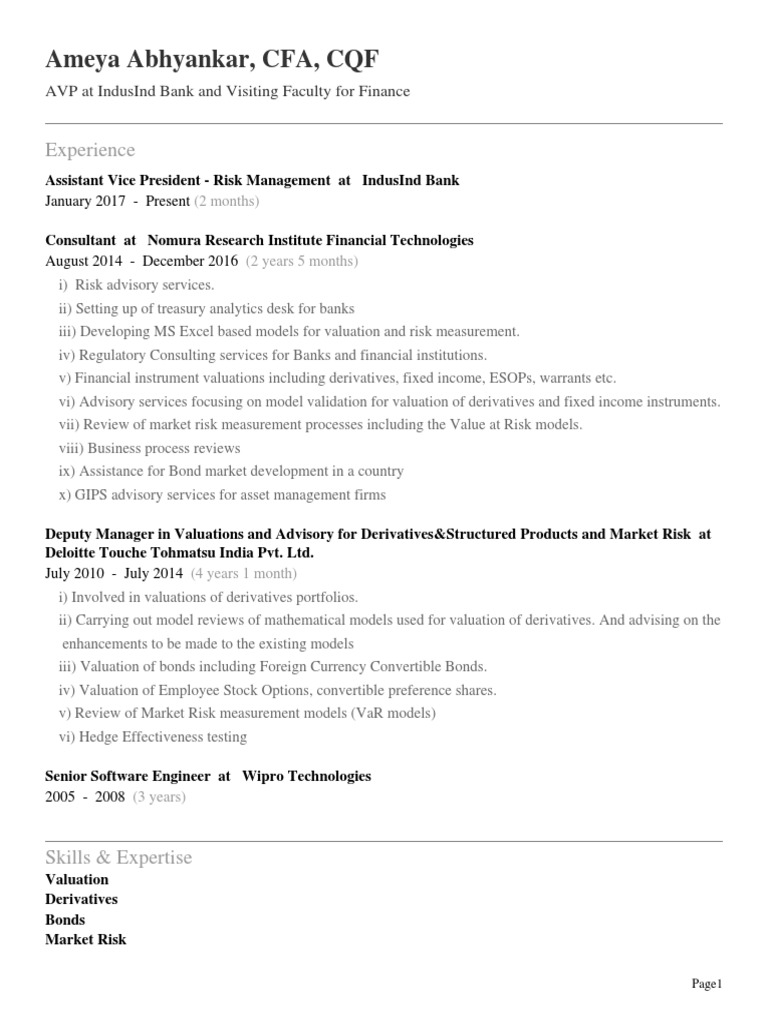 Ameya Abhyankar, CFA, CQFProfile | PDF | Financial Risk | Valuation (Finance)