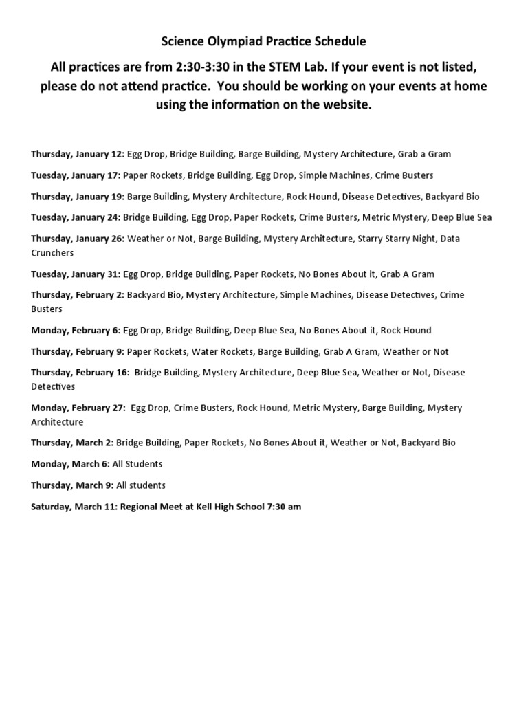 Science Olympiad Practice Schedule 22-23 | PDF
