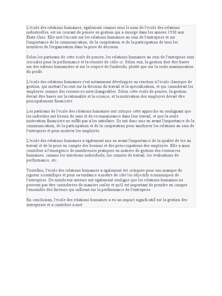 Importance des Relations Humaines en Gestion | PDF | Développement ...