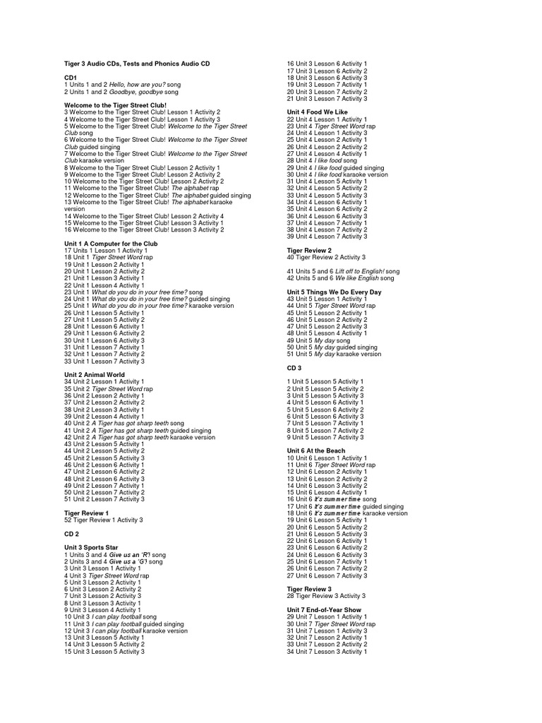 Tiger 3 Audio CDs Tests Phonics CD Lista Sciezek | PDF | Written ...