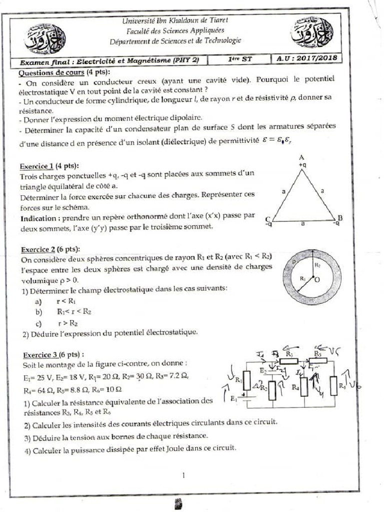 Examen Corrigé Physique 2 (Électricité), Univ Tiaret, 2018 | PDF