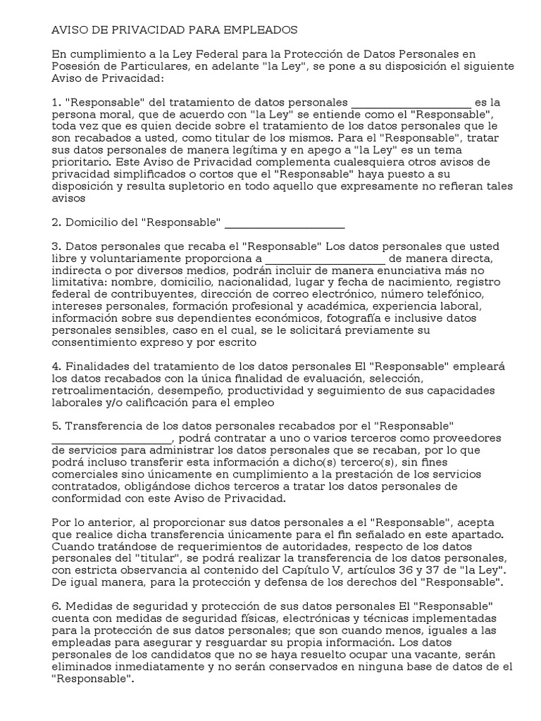 Aviso de Privacidad para Empleados - 20221019155243 | PDF | Privacidad ...