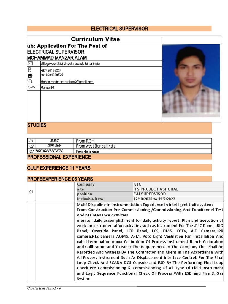 Manzar Alam E&i Supervisor | PDF | Electrical Wiring | Programmable ...