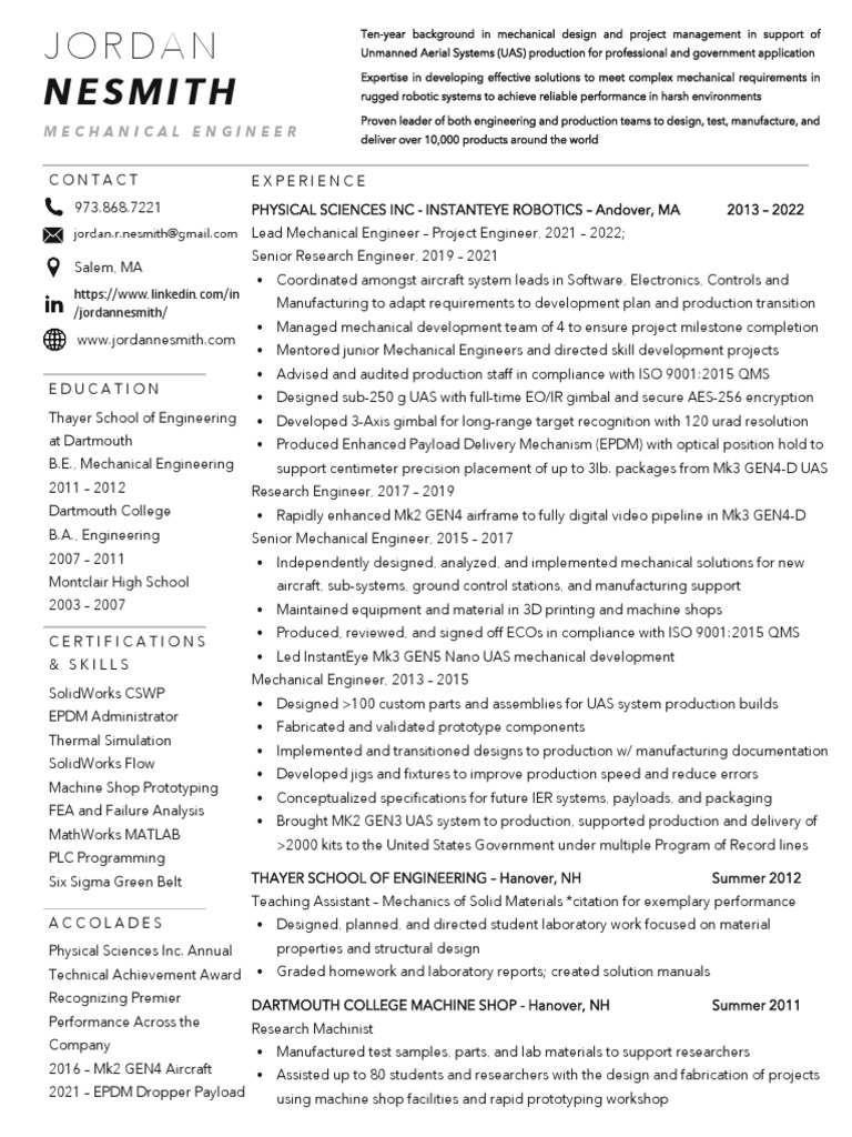 Jordan Nesmith Resume 23 01 09 | PDF | Mechanical Engineering | Prototype