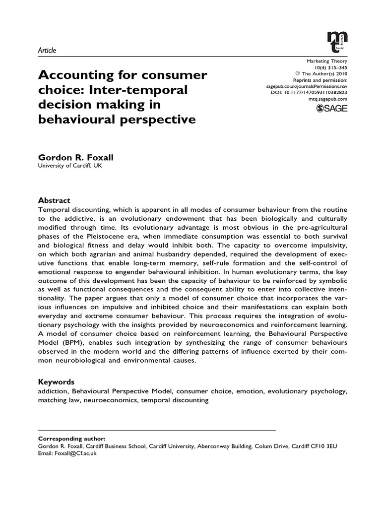Foxall - 2010 - Accounting For Consumer Choice Inter-Temporal Decision ... Foxall - 2010 - Accounting For Consumer Choice Inter-Temporal Decision ...