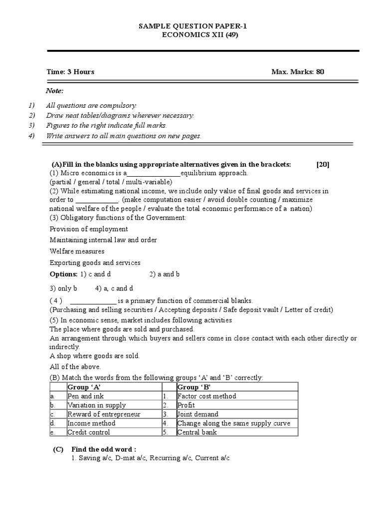 Sample Question Paper-1 Economics XII (49 | PDF | Supply (Economics ...
