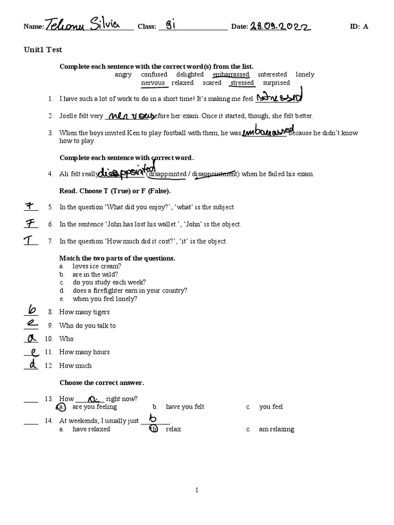 Unit 1 Test: Emotions and Exercise | PDF | Depression (Mood) | Mental ...