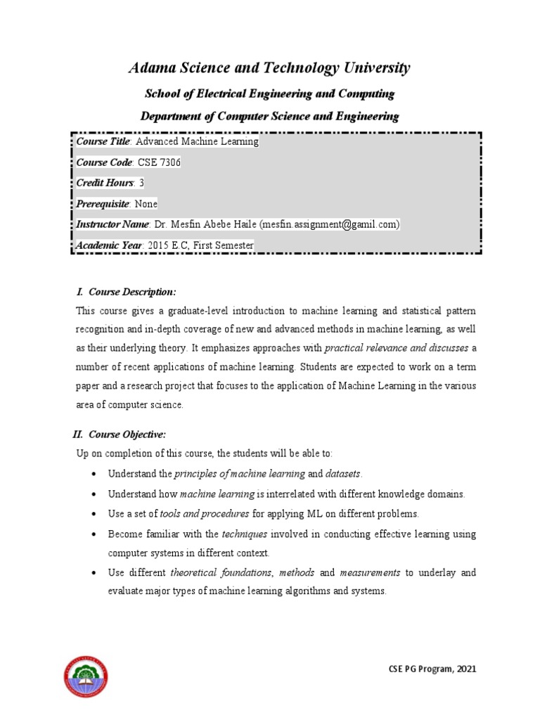 Advanced Machine Learing Course Outline | PDF | Machine Learning | Statistical Classification