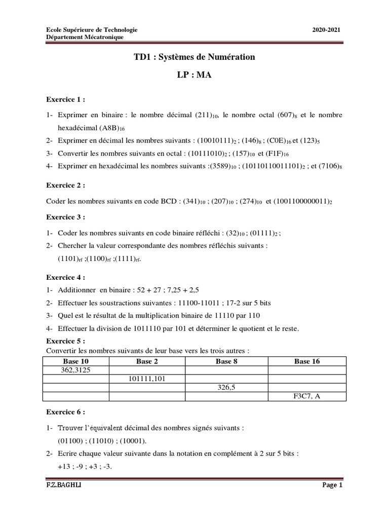 TD1: Systèmes de Numération LP: Ma: Exercice 1 | PDF