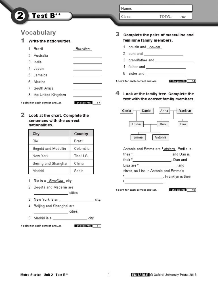 Metro Starter Unit 2 Test B Two Stars | PDF | Languages | Foreign ...
