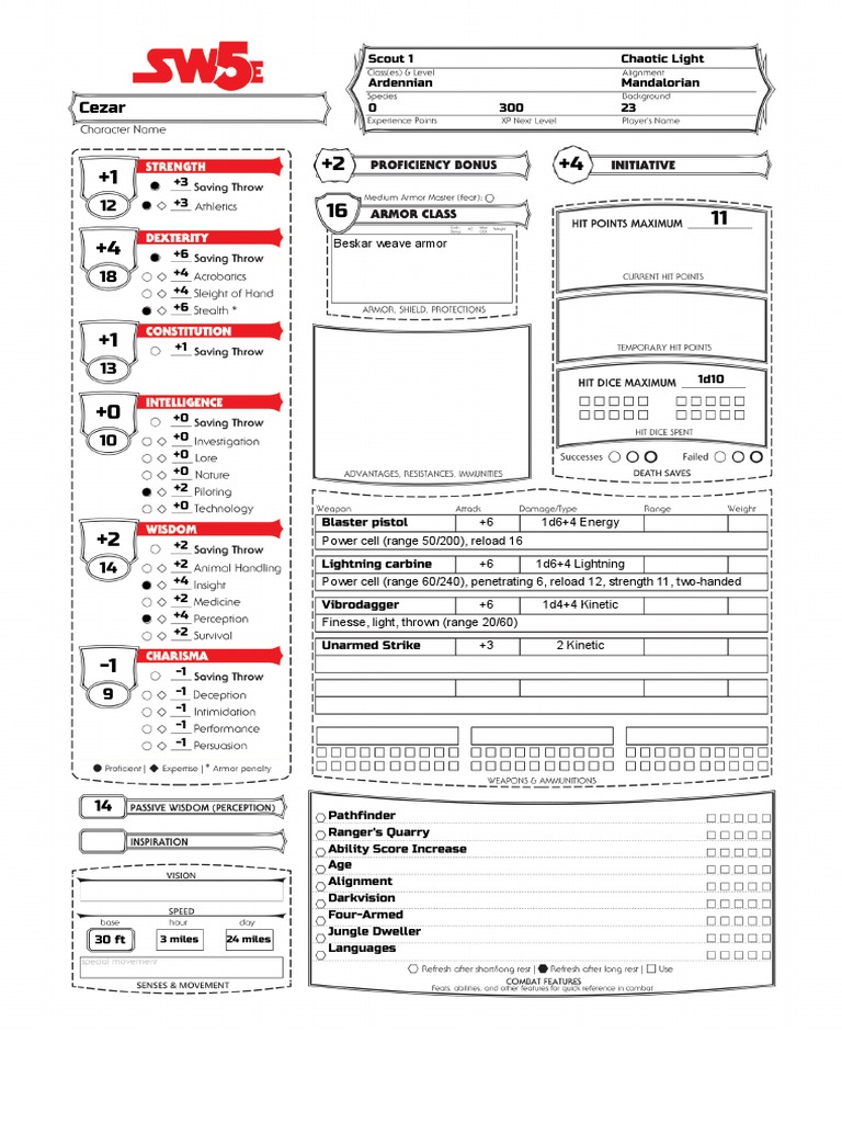 Print Character Sheet SW5E | PDF