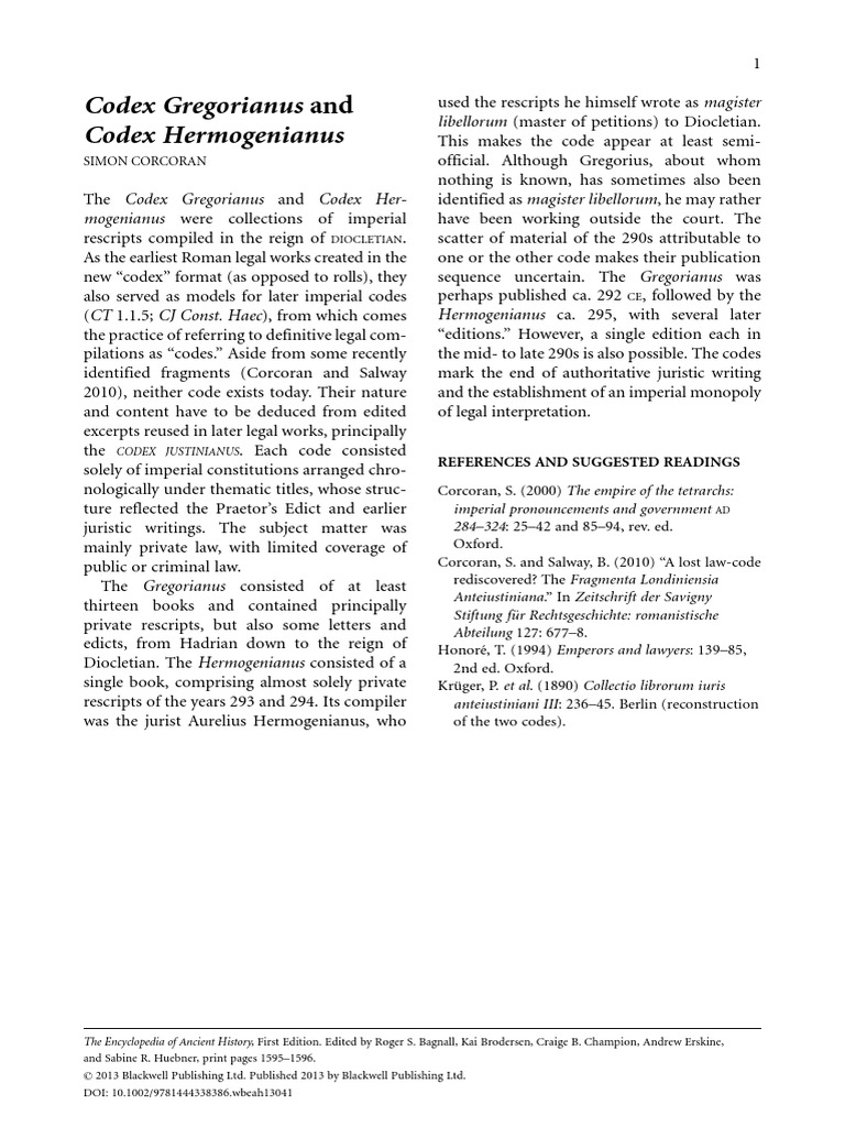 Codex Gregorianus and Codex Hermogenianu | PDF | 3rd Century | Late ...