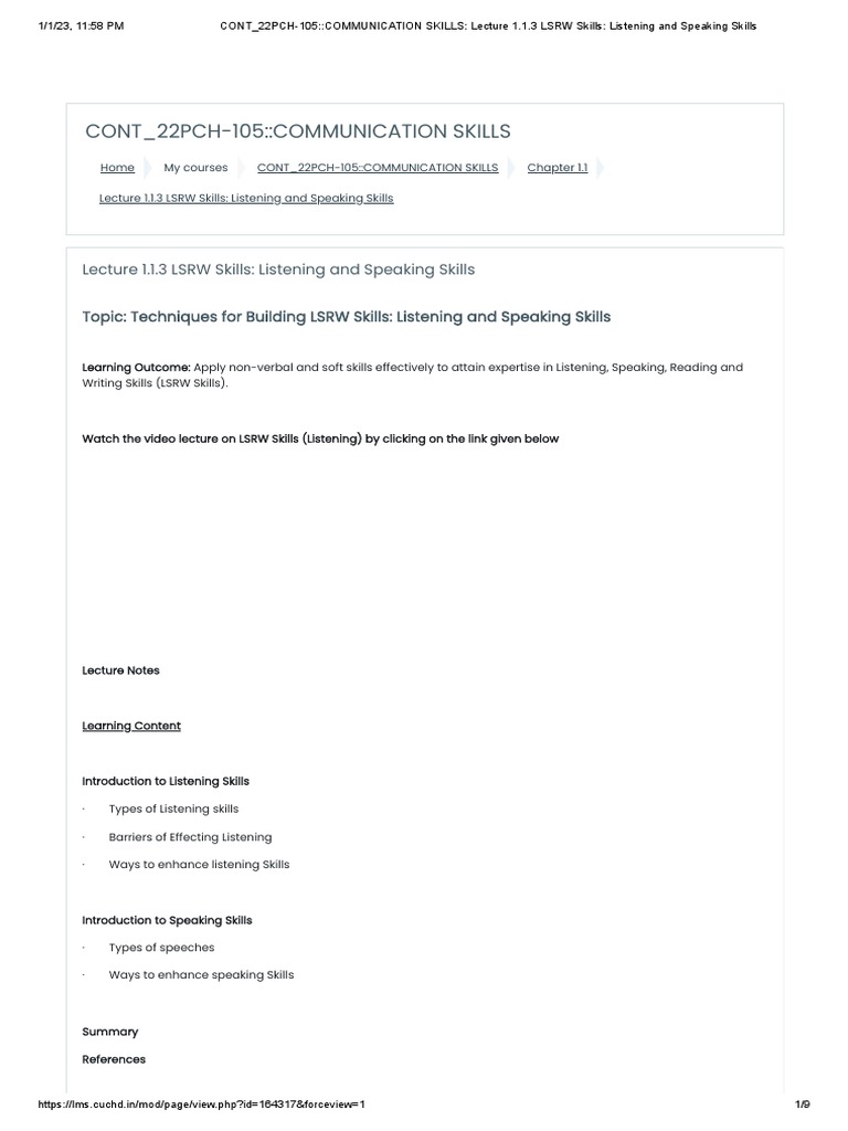 Cont - 22Pch-105::Communication Skills: Lecture 1.1.3 LSRW Skills: Listening and Speaking Skills ...