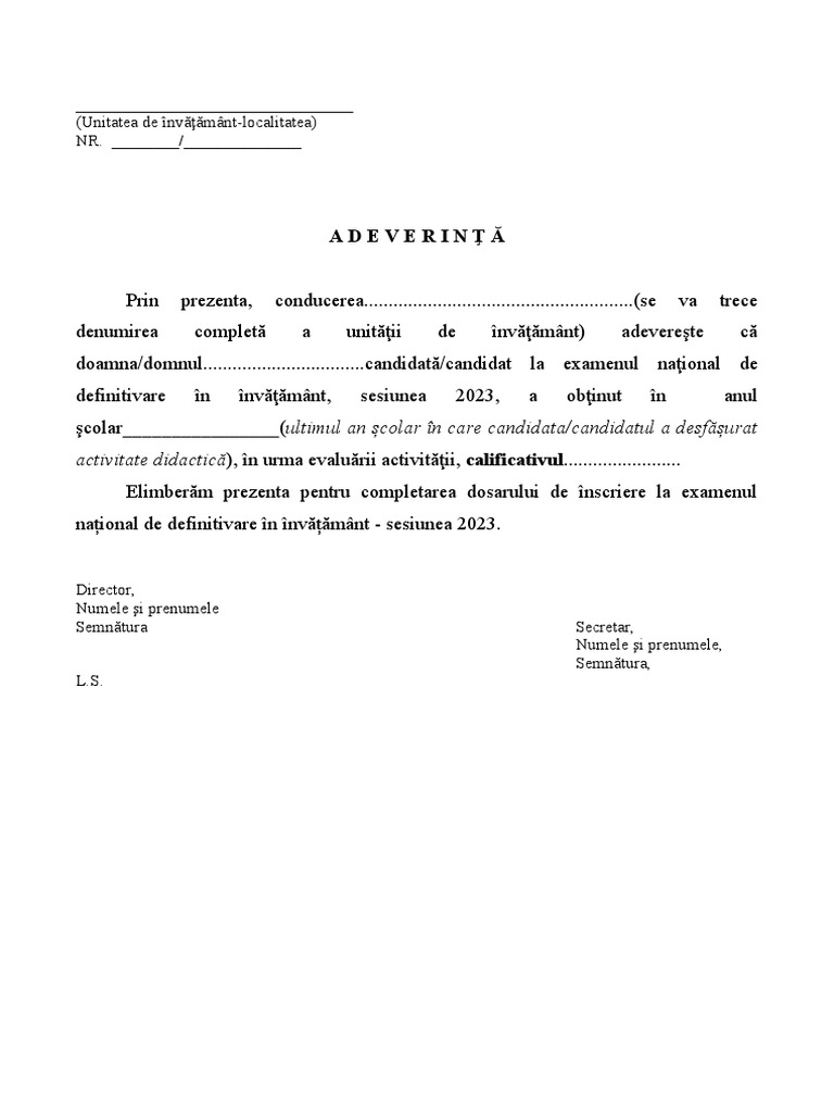 Model Adeverinta Calificativ Anual Def | PDF