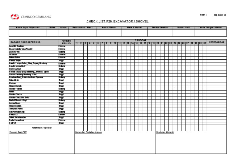 Checklist P2H Excavator dan Shovel | PDF