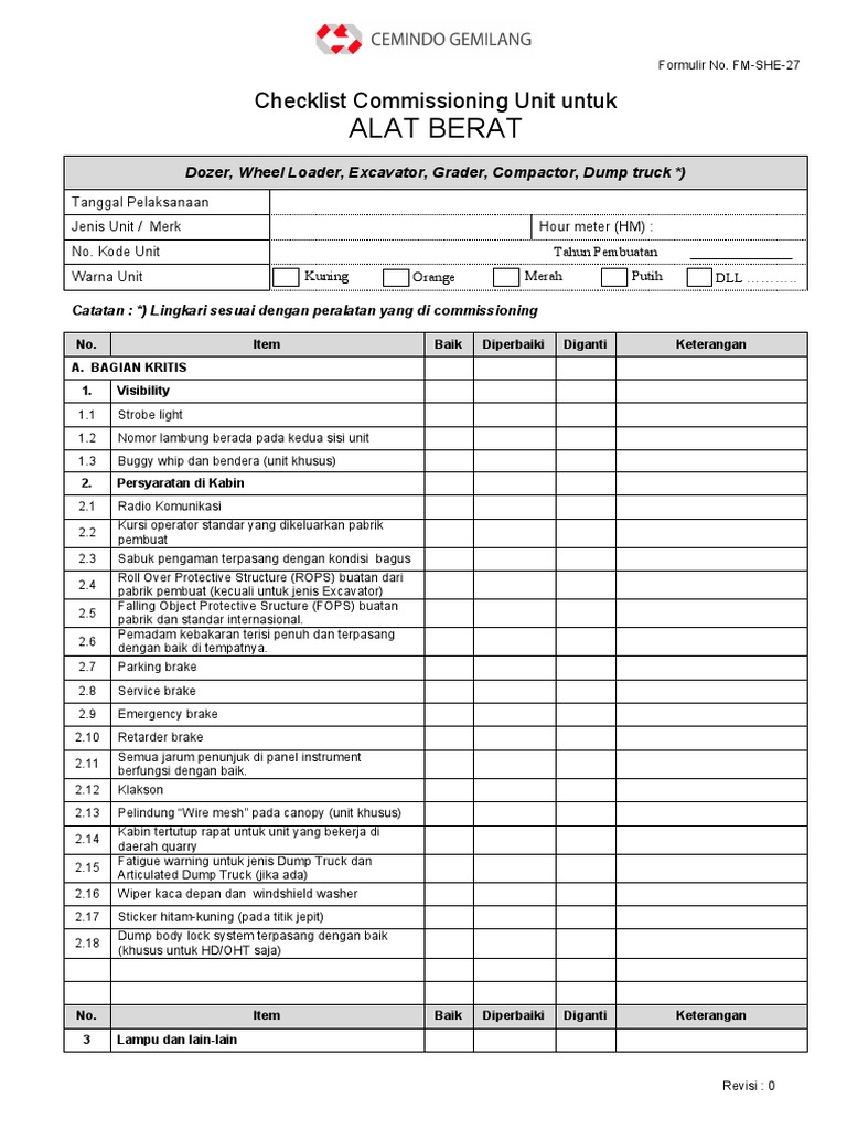 FM-SHE-27 Commissioning Unit Alat Berat | PDF