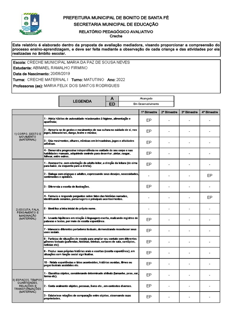 Ed Ficha Desempenho Aluno Mod2 | PDF | Escrita