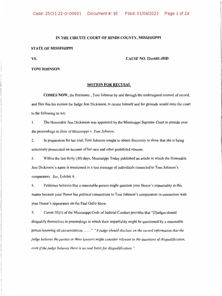 Jess Dickinson - Motion For Recusal | PDF | Judicial Disqualification ... Jess Dickinson - Motion For Recusal | PDF | Judicial Disqualification ...