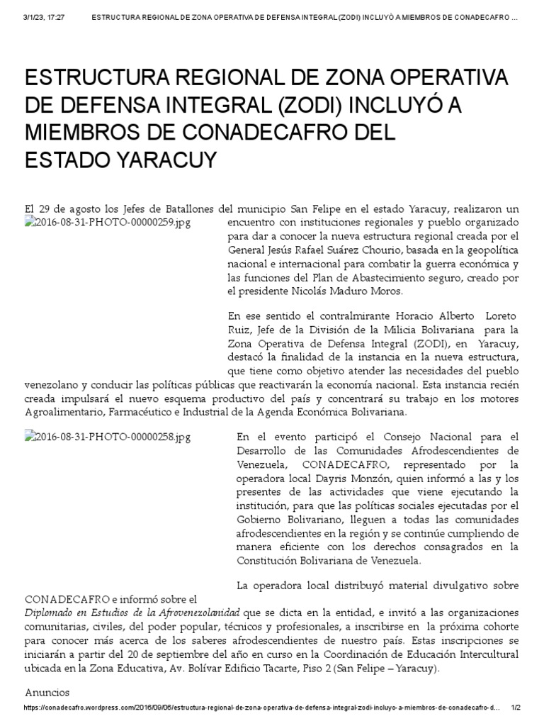 Estructura Regional de Zona Operativa de Defensa Integral (Zodi) Incluyó A Miembros de ...