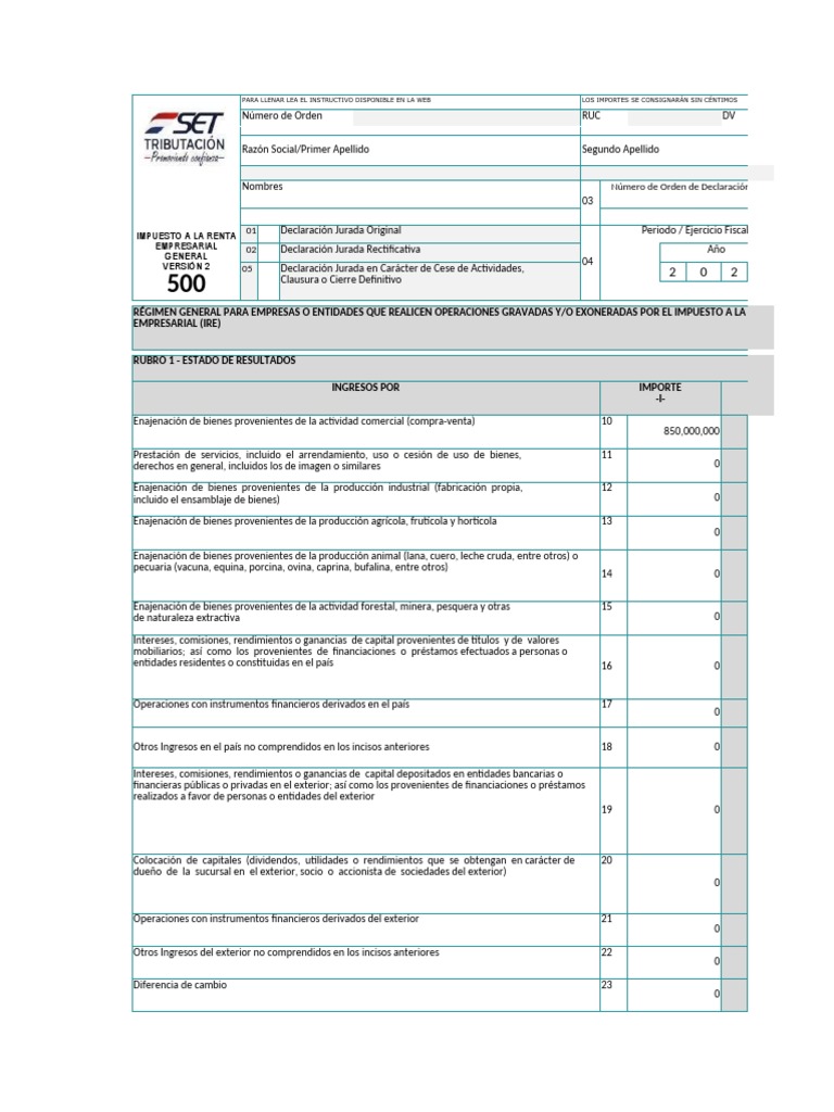 Formulario N 500 IRE Régimen General Versión 2 Final | PDF | Impuesto ...