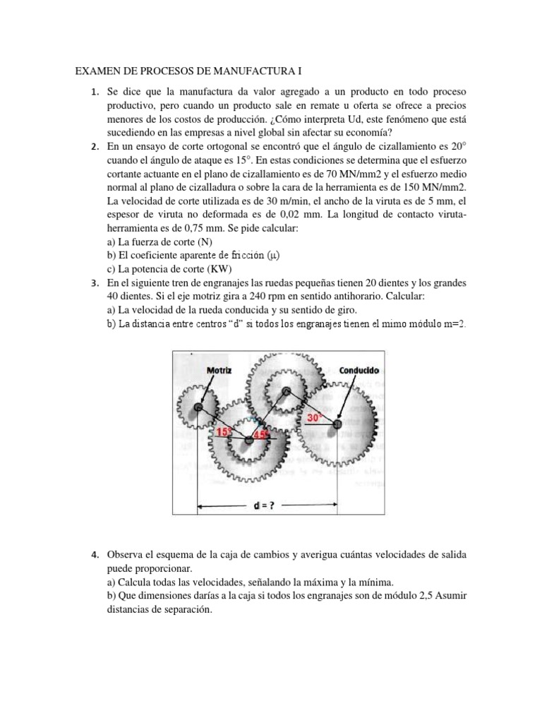 Examen de Procesos de Manufactura I | PDF | Engranaje | Ingeniería mecánica