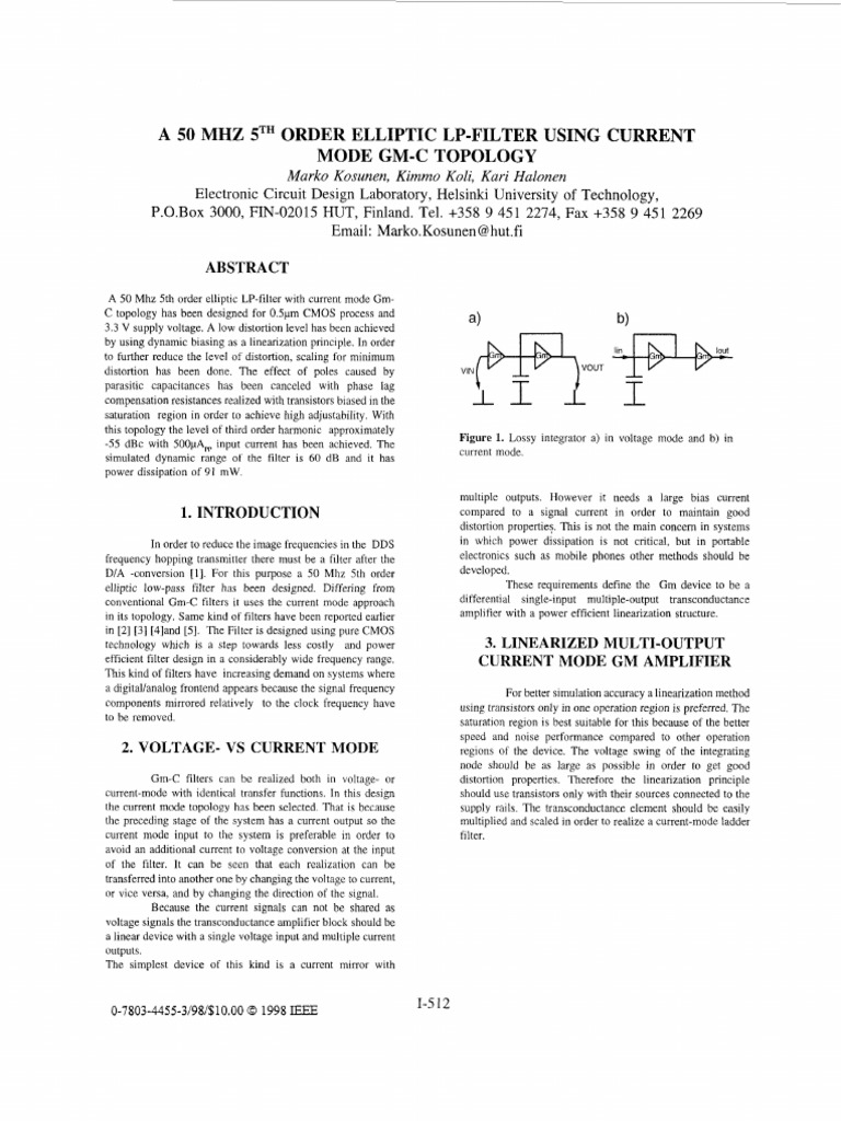 A 50 MHZ Order Elliptic Lp-Filter Using Current Mode GM-C Topology | PDF | Amplifier | Filter ...