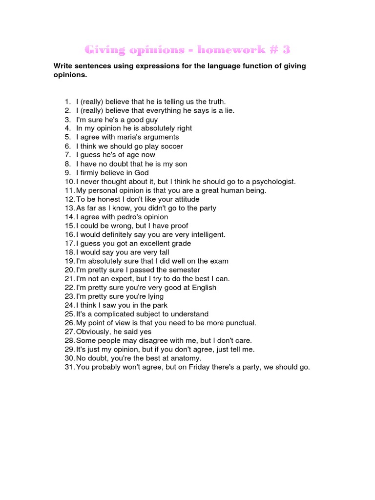 Examples of Giving Opinions in Sentences | PDF | Language Arts ...