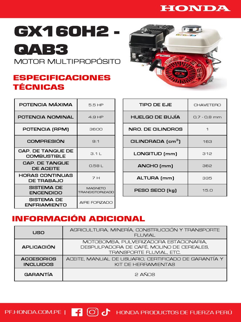 Motores Honda GX160H2: Especificaciones y Usos | PDF | Bienes manufacturados | Ingeniería mecánica