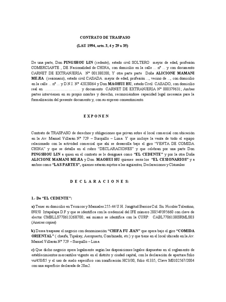 Contrato de Traspaso | PDF