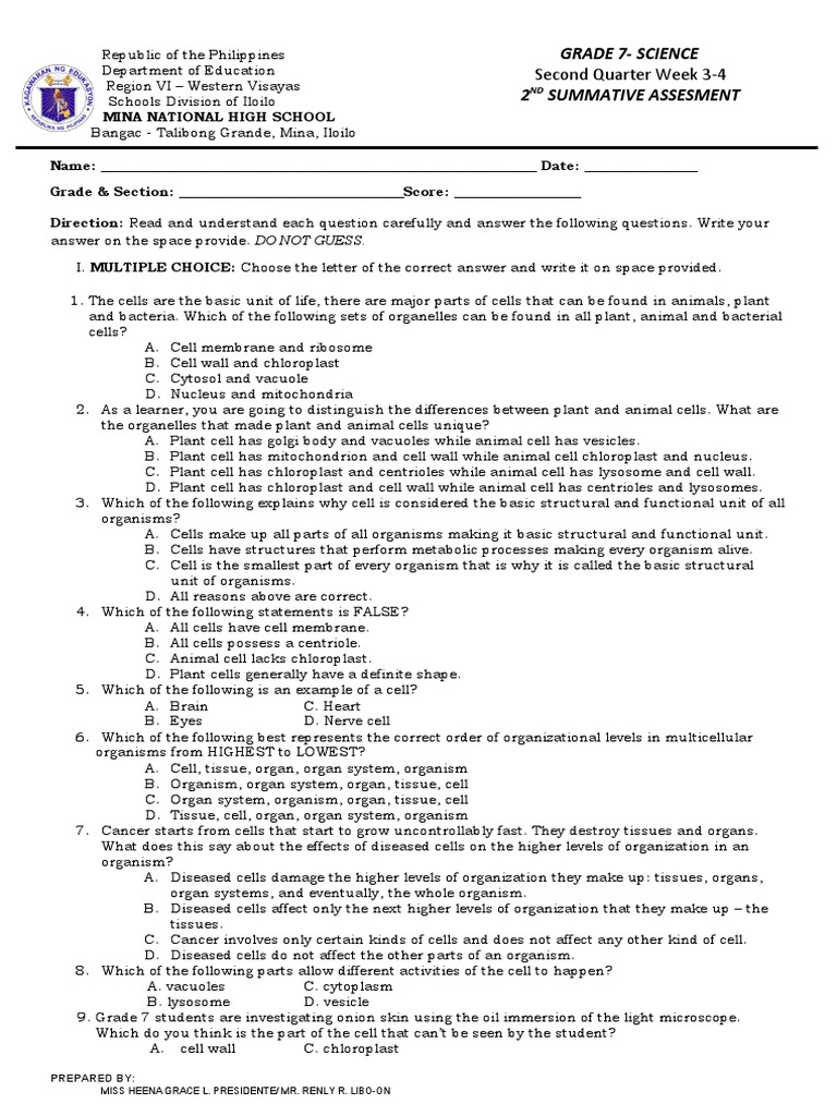 G7 Science 2ND Quarter 2ND Summative | PDF | Cell (Biology) | Eukaryotes