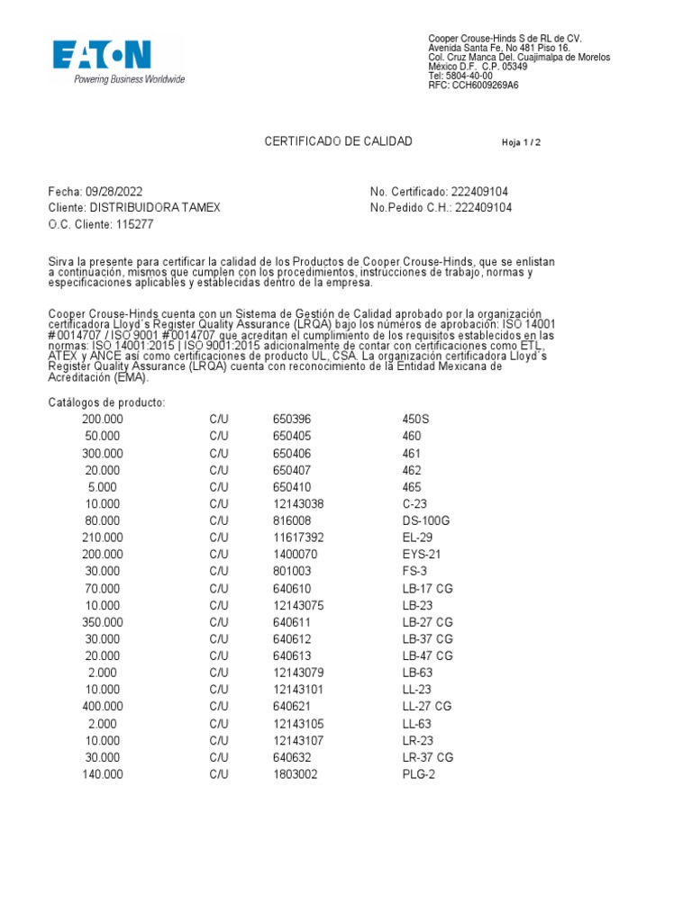 Eaton Quality Certificate 0222409104 115277 | Descargar gratis PDF ...