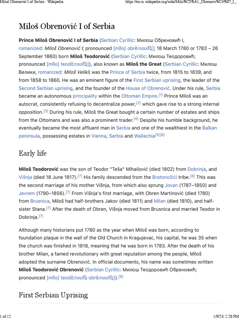 Miloš Obrenović I of Serbia - Wikipedia | PDF | Serbia