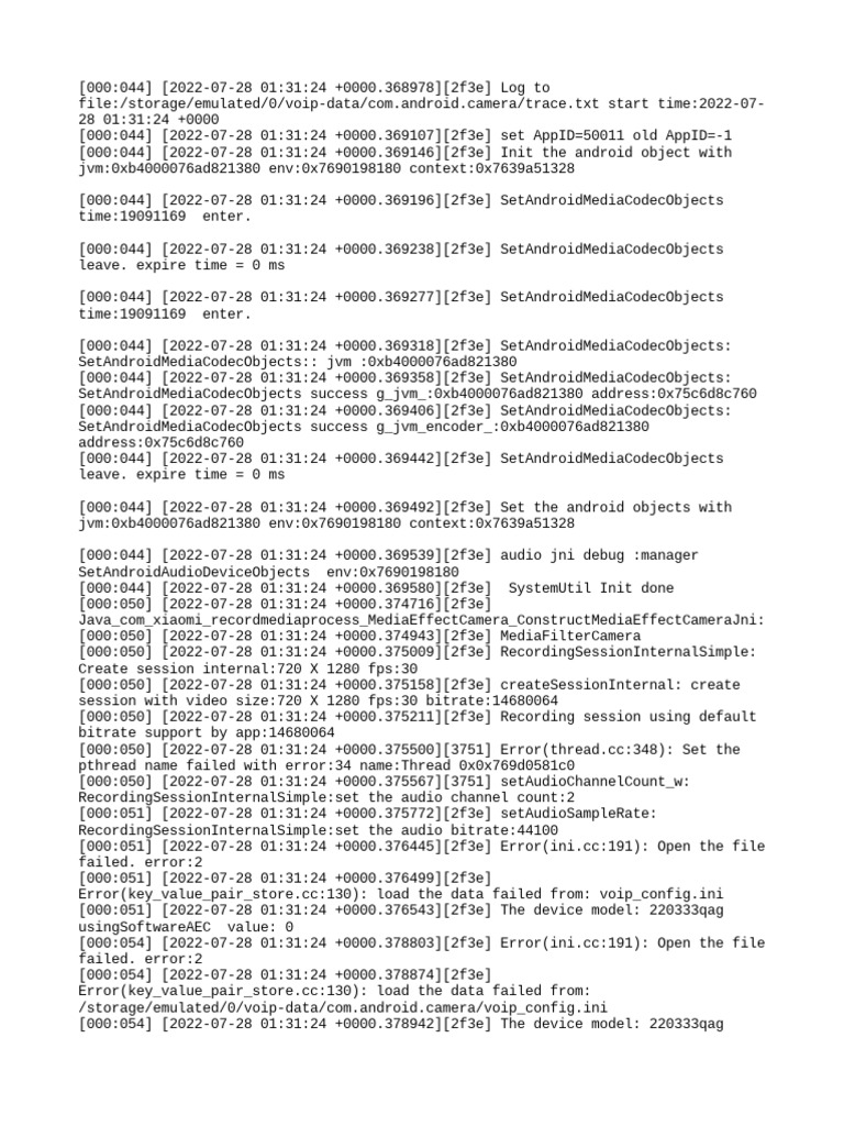 Log file records initialization and setup of audio processing components for camera recording on ...