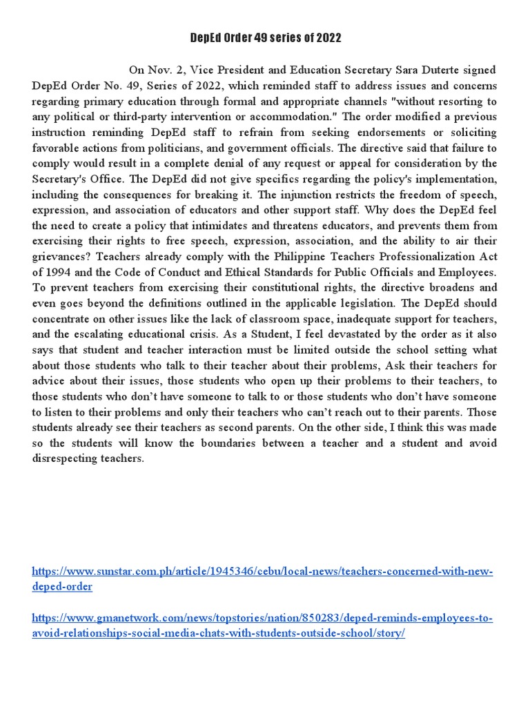 DepEd Order 49: Restrictions on Educators | PDF | Teachers | Freedom Of ...