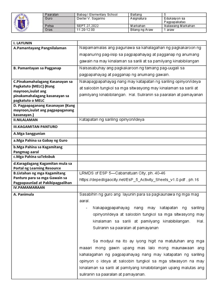 Esp G5 Q1 Melc6 | PDF