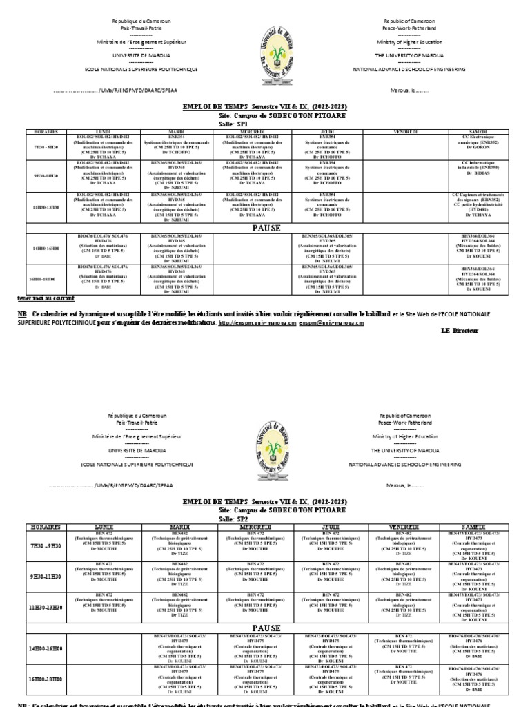 Time Table Enspm 9-14 Janvier 2023 Enren | PDF | Électrotechnique ...