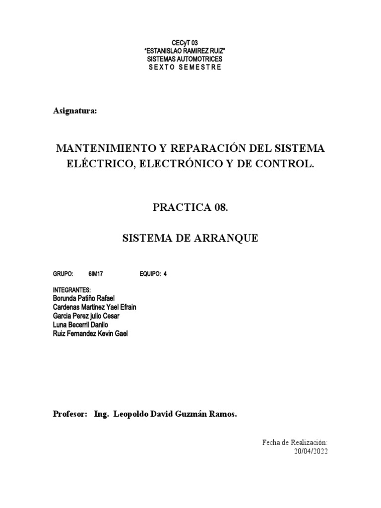 Practica 08 Sistema de Arranque | PDF | Engranaje | Ingenieria Eléctrica