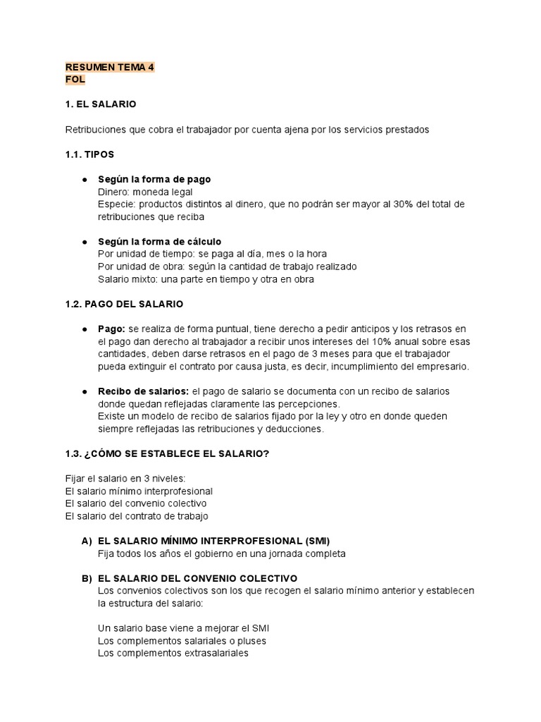 Resumen Tema 4 Fol | PDF | Salario | Salario mínimo
