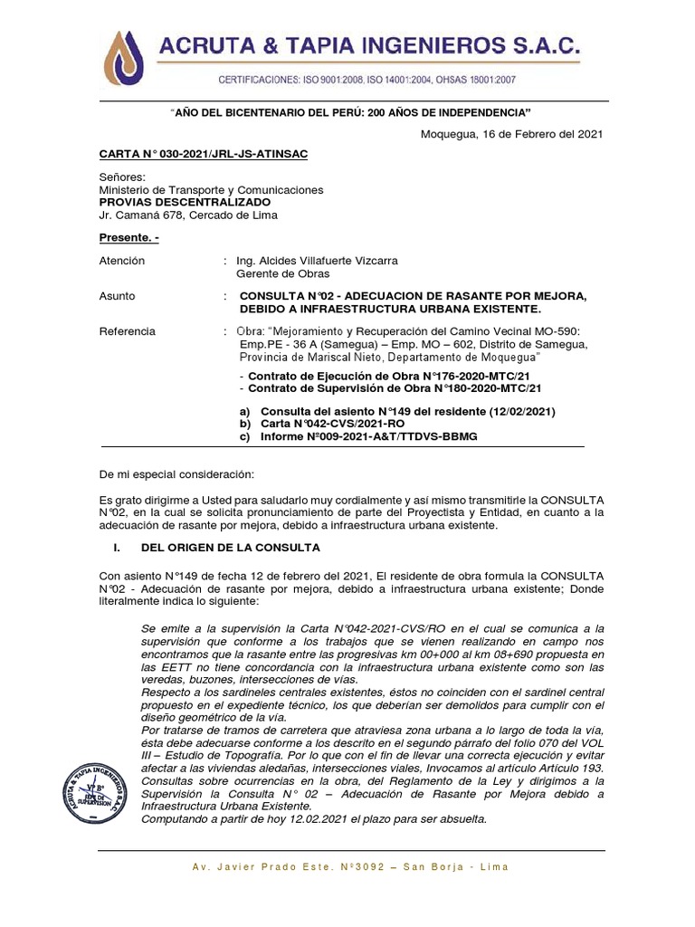 V012105844 - Carta #030 - 2021 - Consulta N°02 - Adecuación de Rasante Por Mejora, Debido A ...
