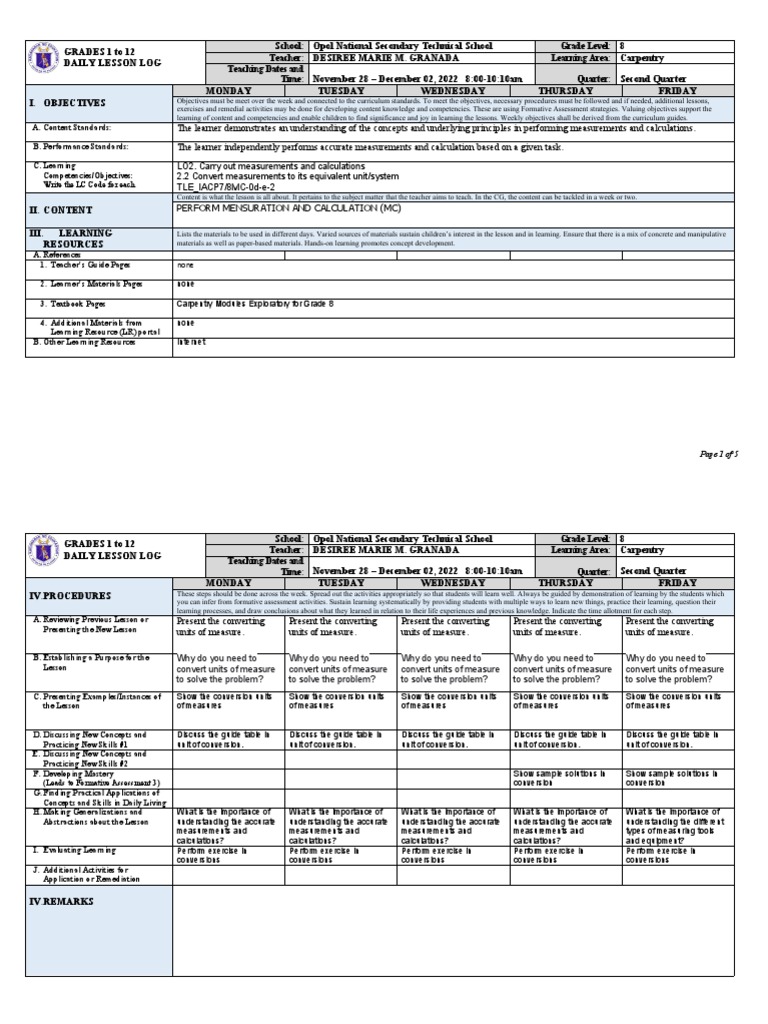 DLL Carpentry Grade 8 Week 4 | PDF | Teaching Method | Learning