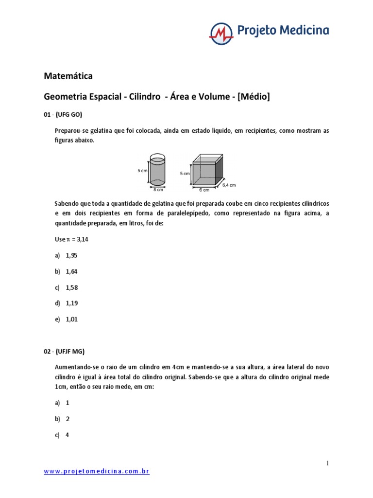 Geometria Espacial Cilindro Area Volume Medio | PDF | Embalagem e rotulagem | Chuva