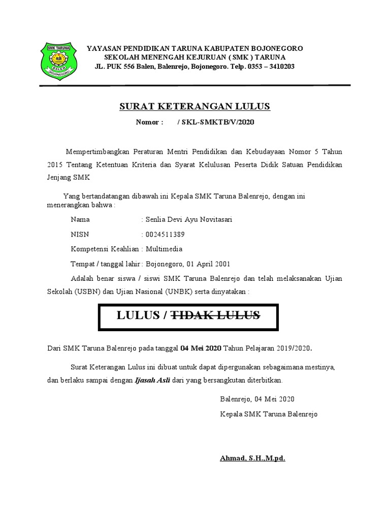 Surat Keterangan Lulus | PDF
